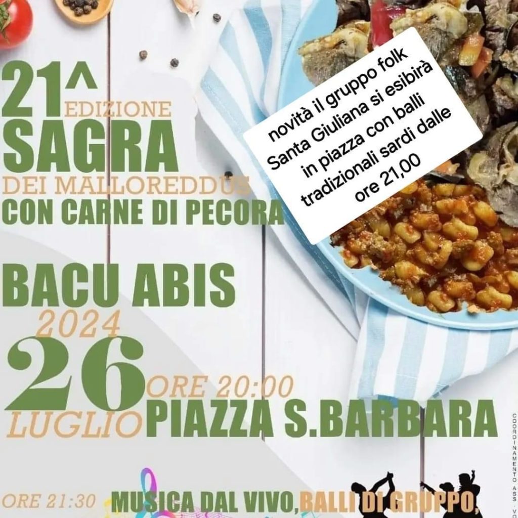 Venerdì 26 luglio si svolgerà in piazza Santa Barbara, a Bacu Abis, la ...